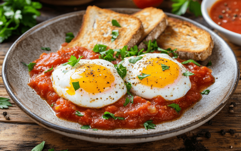 Poached Eggs in Spicy Tomato Sauce on Toast - SoyRice Kitchen