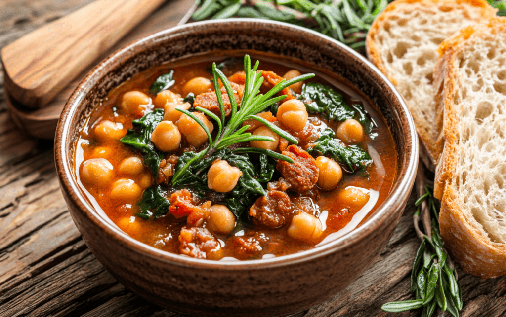 Chickpea and Spinach Stew with Chorizo - SoyRice Kitchen