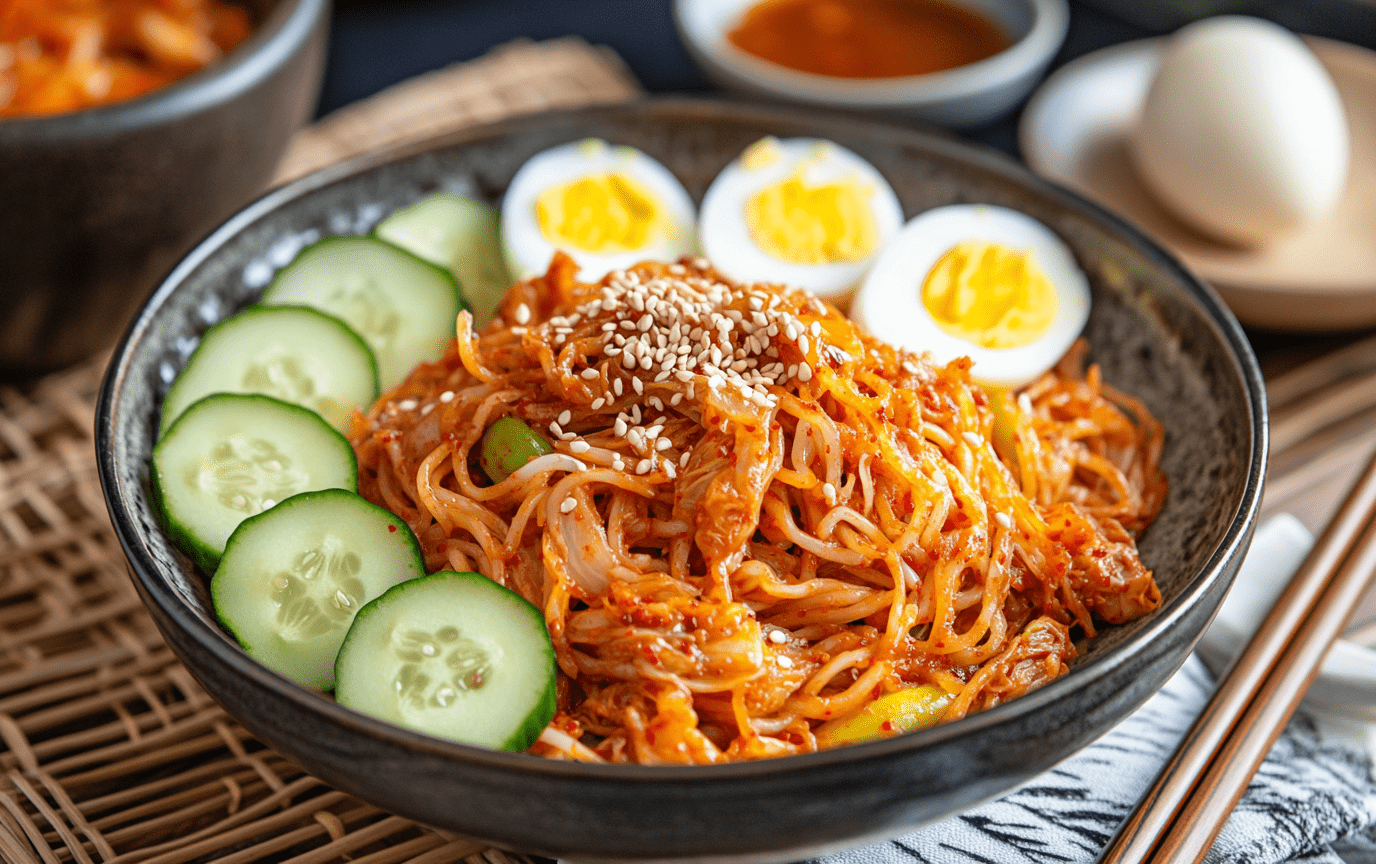 Cold Buckwheat Noodles with Kimchi and Eggs - SoyRice Kitchen