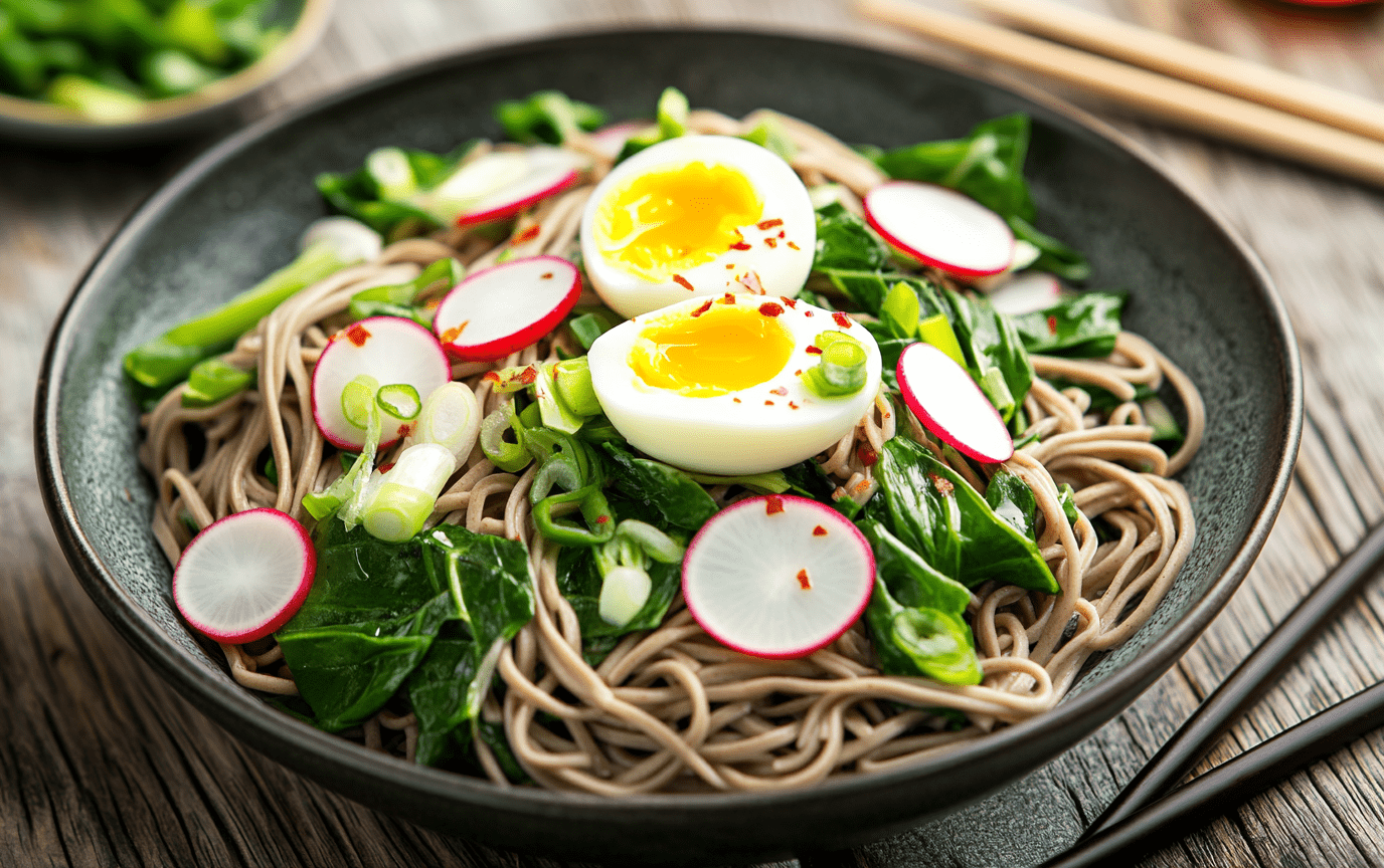 Chilled Soba with Soft-Boiled Eggs and Greens - SoyRice Kitchen