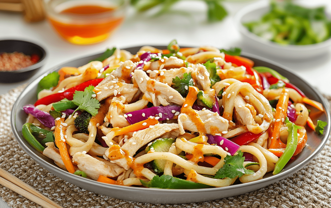 Easy Udon Noodle Salad with Chicken and Peanut Dressing - SoyRice Kitchen