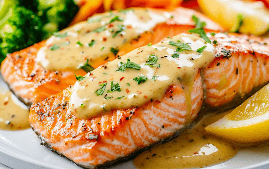 Salmon with Herb Mustard Sauce - SoyRice Kitchen