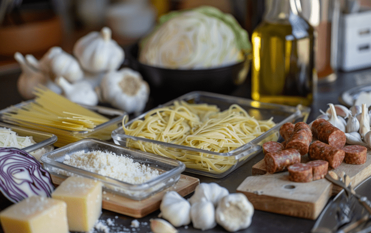 Cabbage Sausage Pasta Toss - SoyRice Kitchen