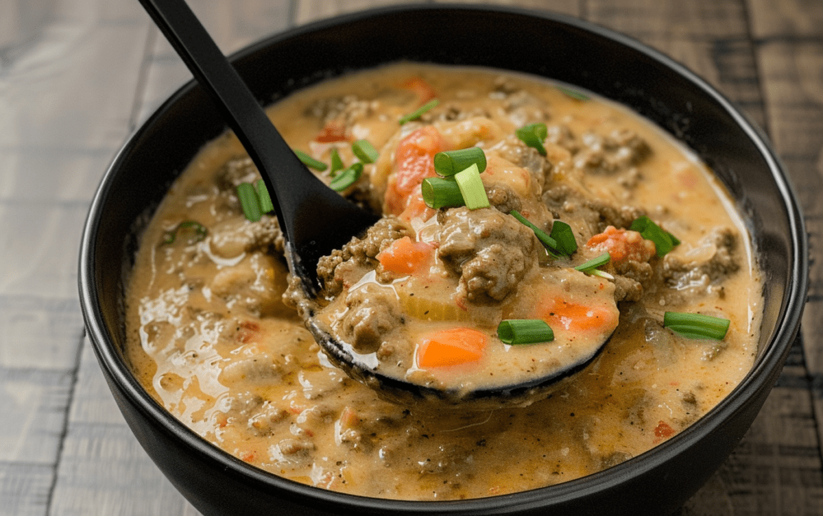 Ultimate Cheeseburger Delight Soup - SoyRice Kitchen