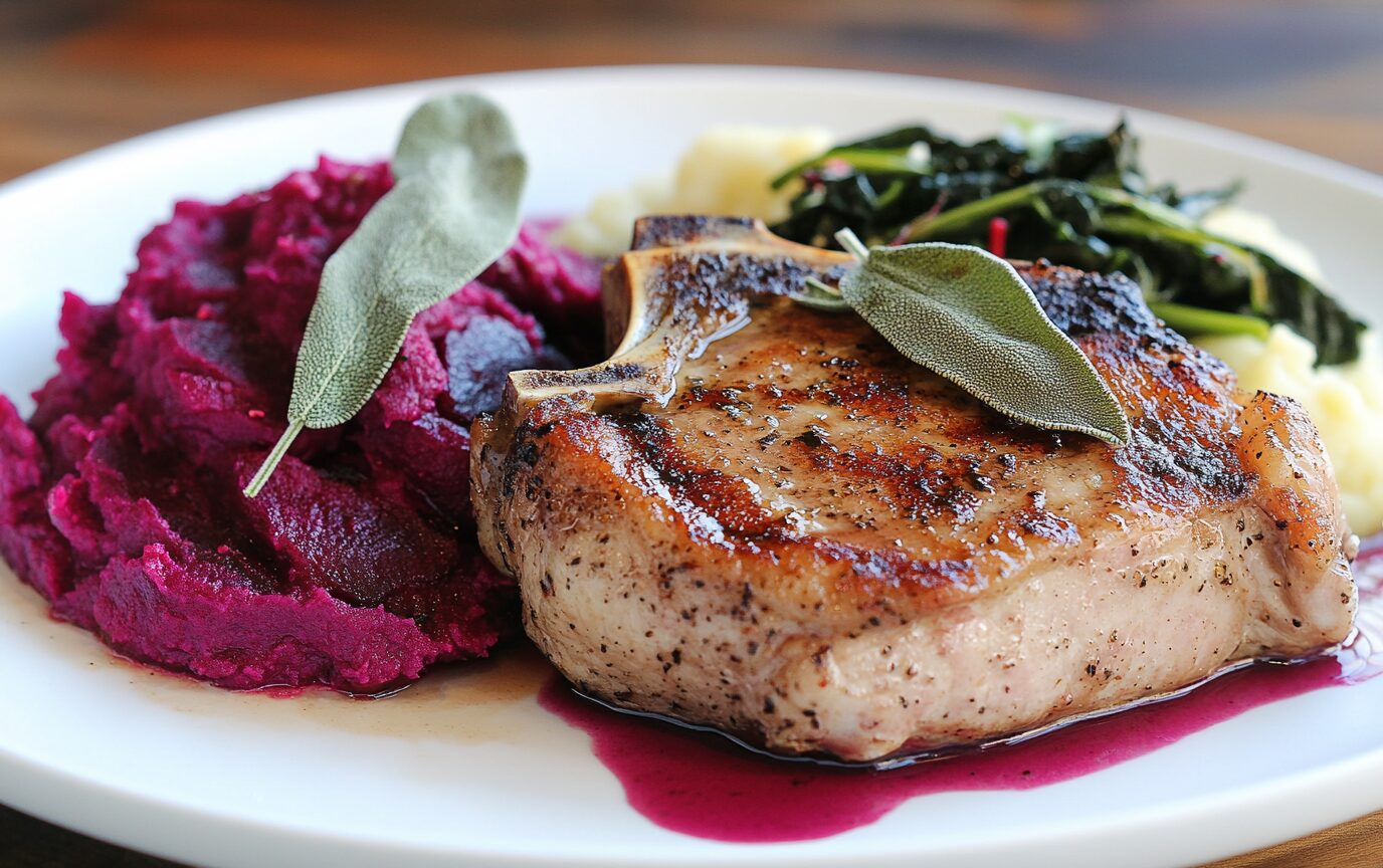 #1 Savory Sage Pork with Beet Mash and Chard - SoyRice Kitchen