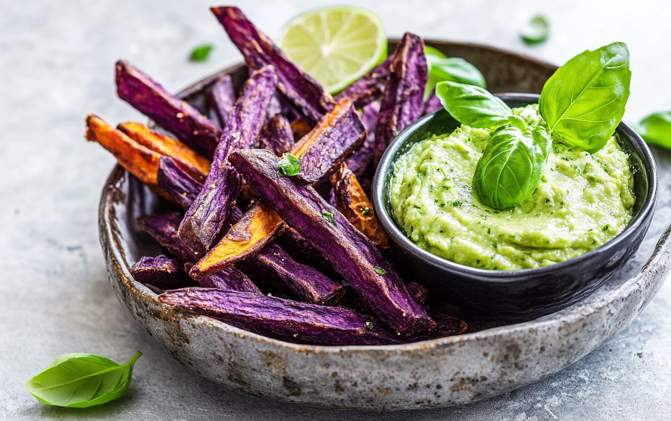 Purple Sweet Potato Fries with Avocado Dip - SoyRice Kitchen
