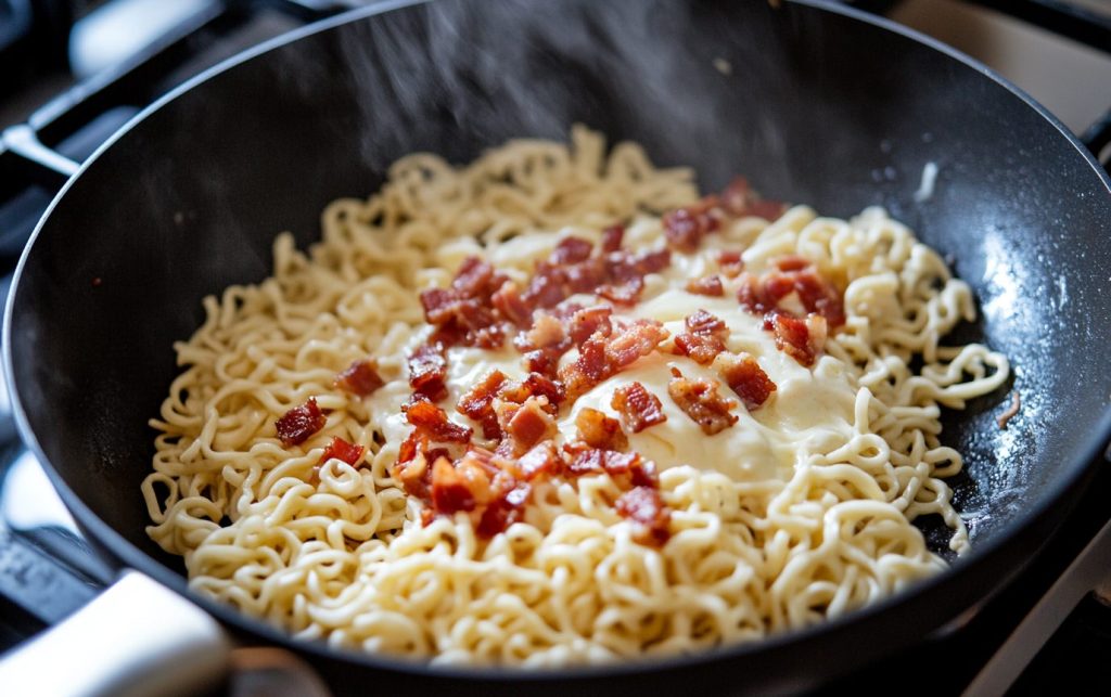 Cheesy Spicy Ramen Carbonara - SoyRice Kitchen