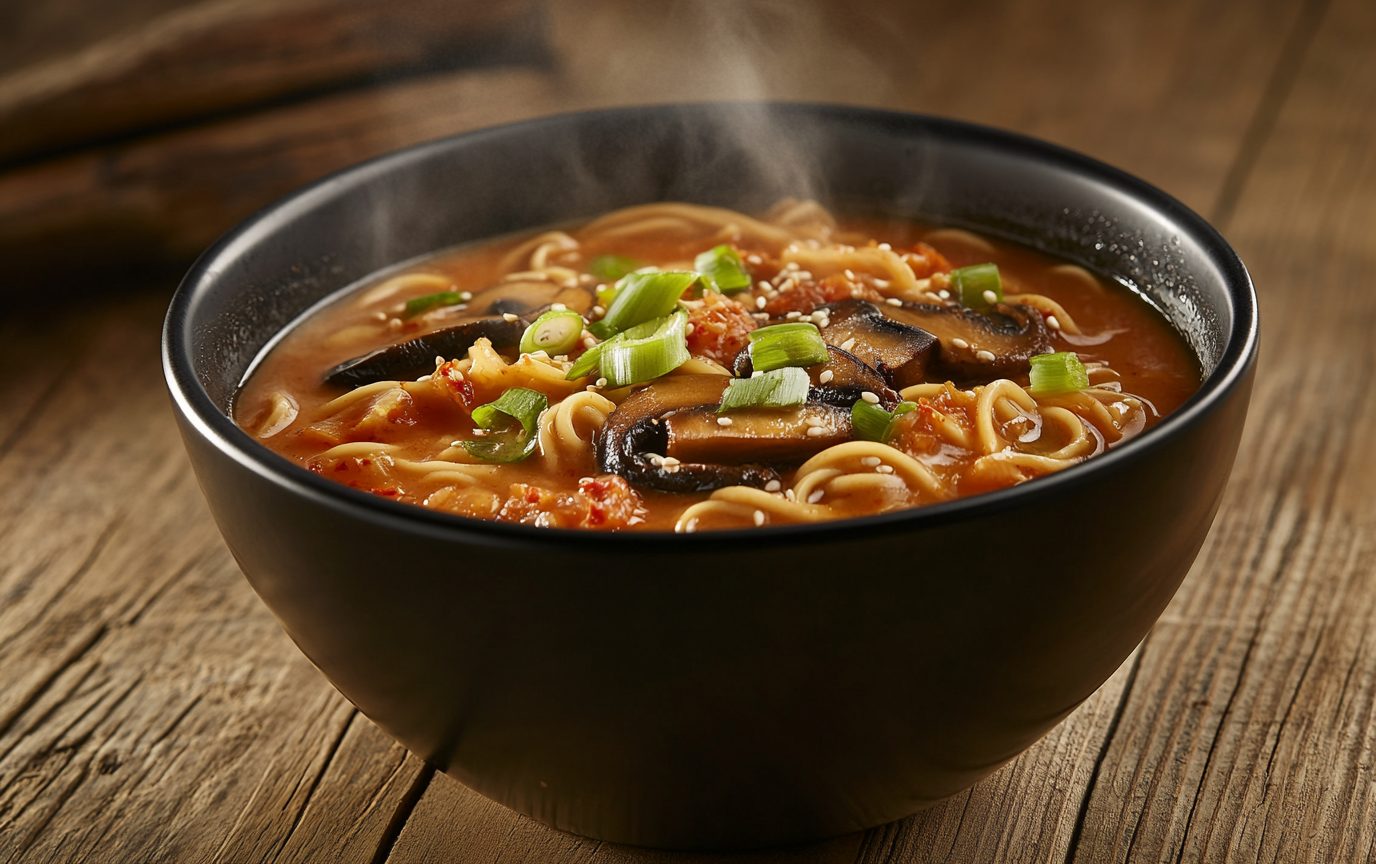 Kimchi Mushroom Noodle Soup - SoyRice Kitchen