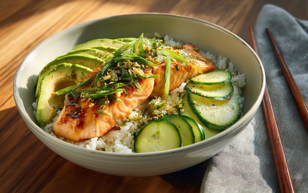 Spicy Miso Salmon Rice Bowl - SoyRice Kitchen